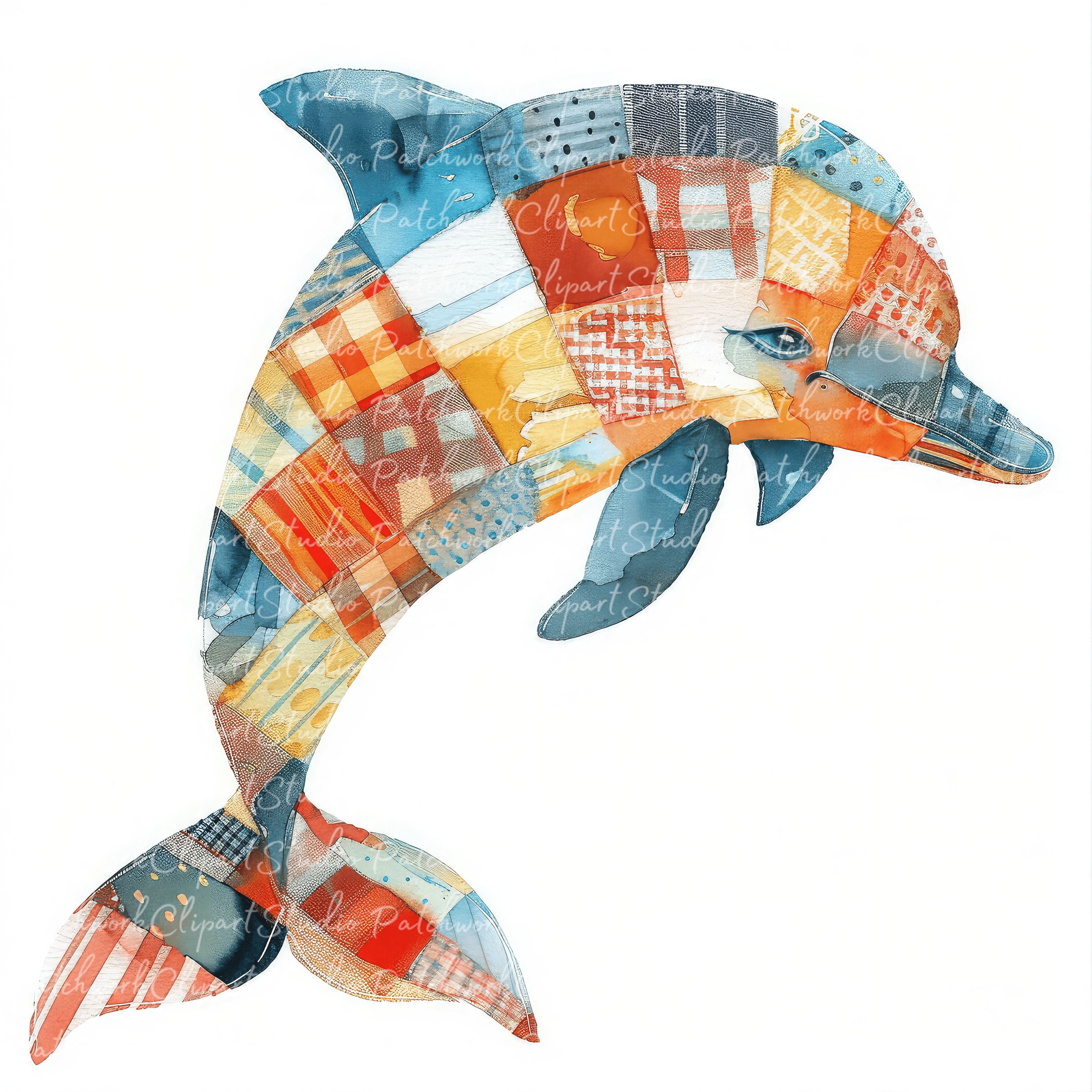 10 Dolphins Clipart Bundle, PNG & JPG, Printable Patchwork Dolphin ...