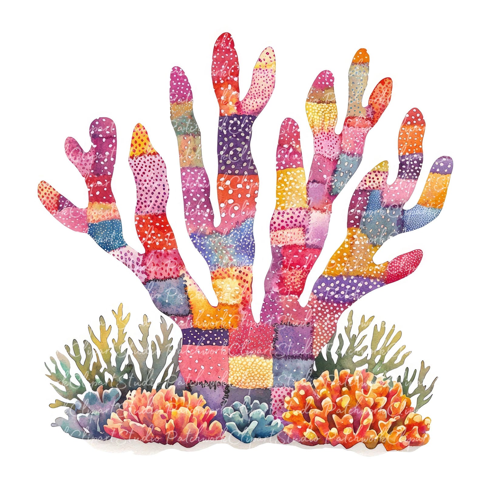 10 Coral Clipart Bundle, PNG & JPG, Printable Patchwork Corals ...