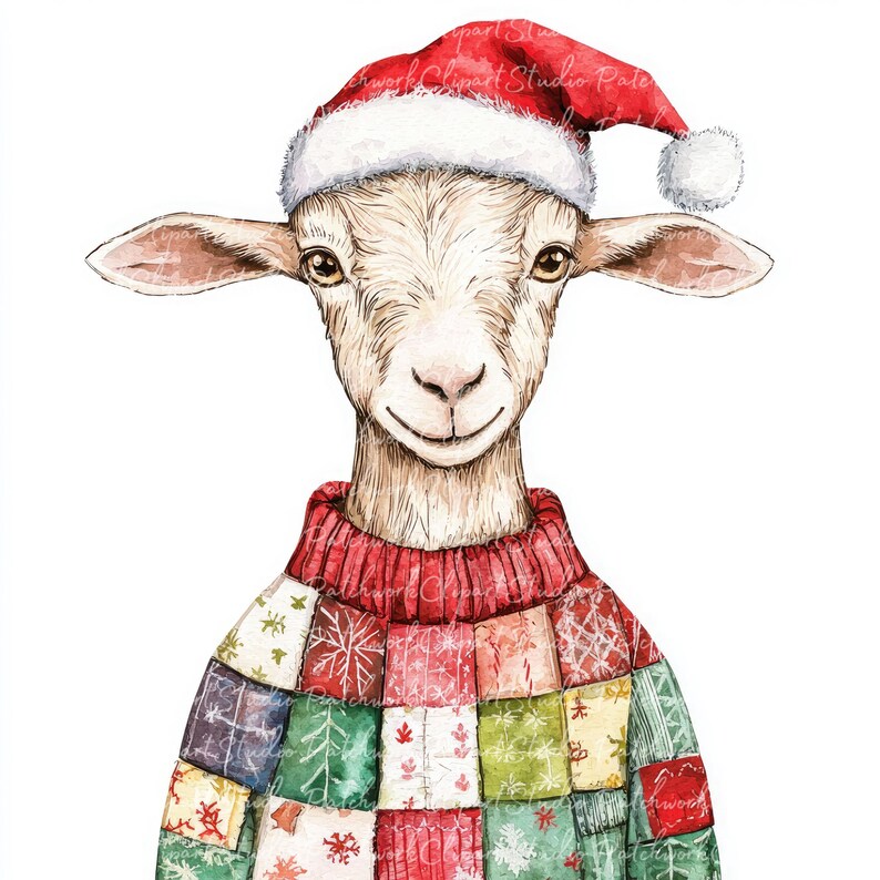 10 Christmas Goat Clipart Bundle, PNG & JPG, Printable Patchwork, XMAS ...