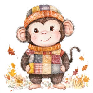 10 Autumn Monkey Clipart Bundle, PNG & JPG, Printable Patchwork, Monkey ...