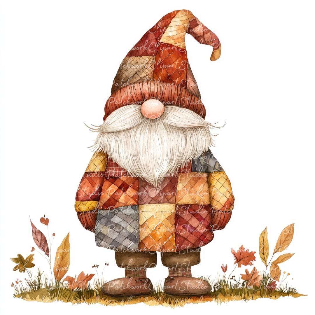 10 Autumn Gnome Clipart Bundle, PNG & JPG, Printable Patchwork, Gnome ...
