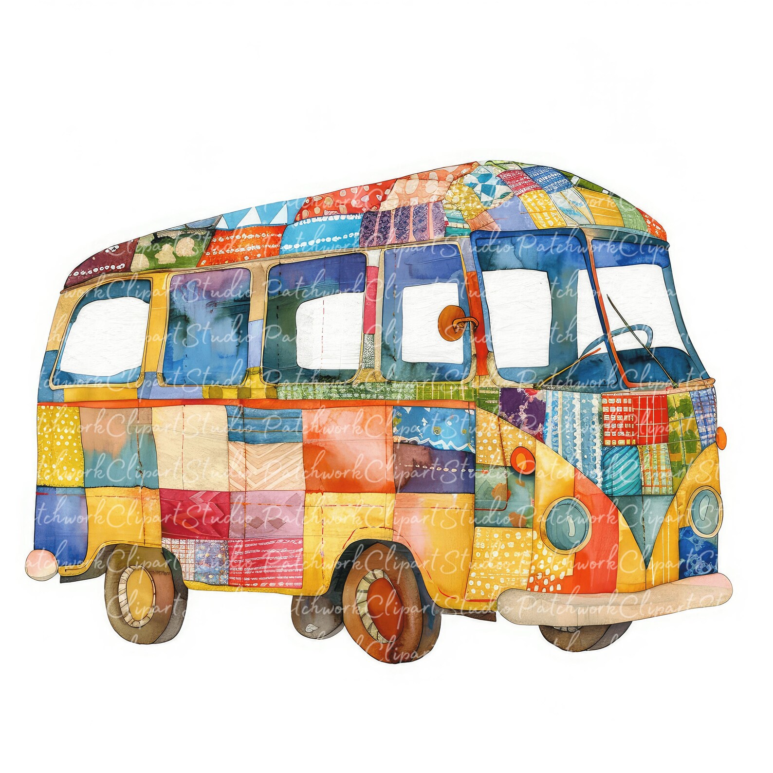 10 Buses Clipart Bundle, PNG & JPG, Printable Patchwork Bus ...