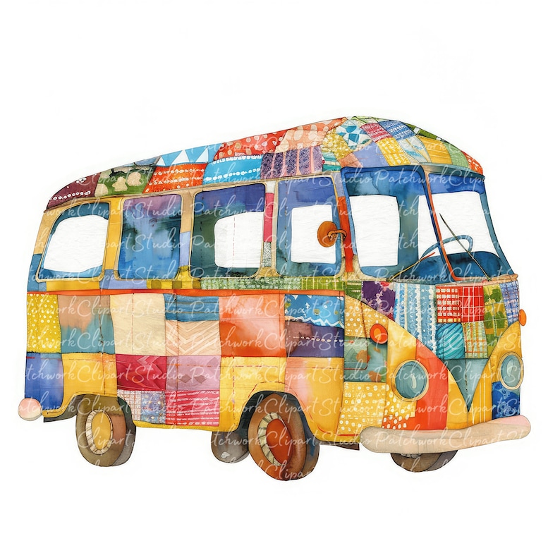 10 Buses Clipart Bundle, Printable Patchwork Bus, Quilted Fabric ...