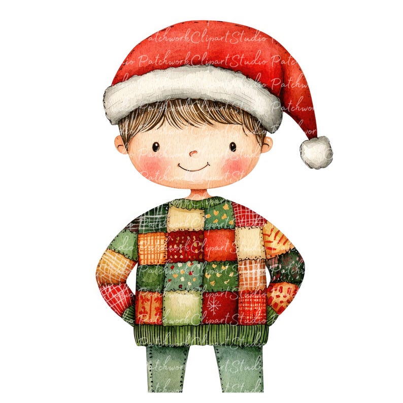 10 Christmas Boy Clipart Bundle, PNG & JPG, Printable Patchwork, XMAS Child Illustrations ...