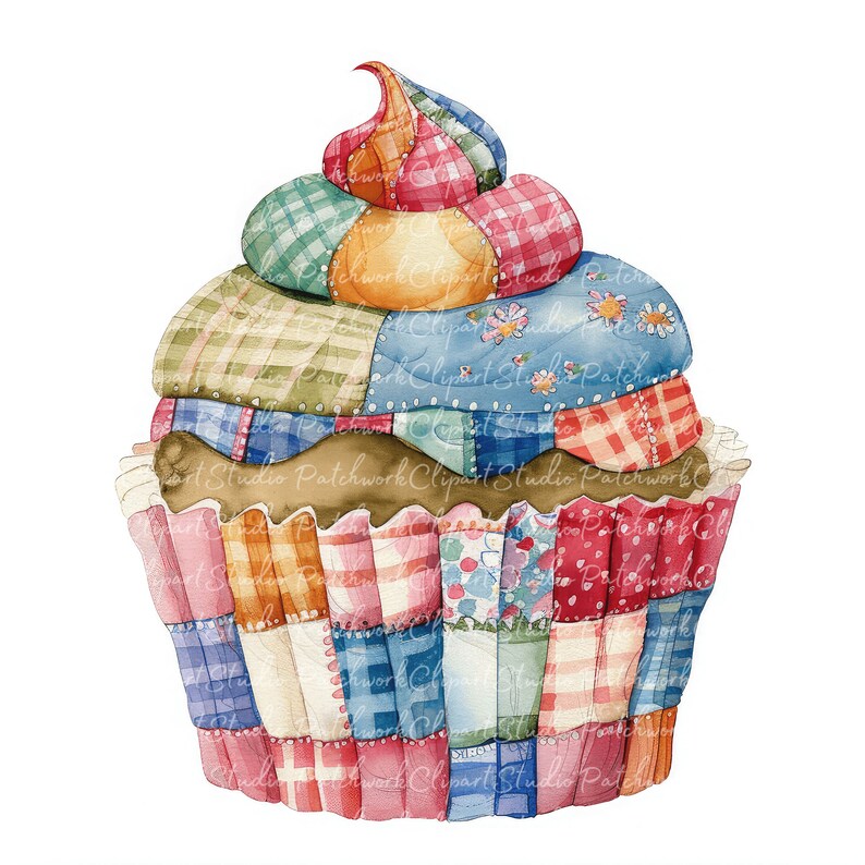 10 Cupcakes Clipart Bundle, Printable Patchwork Cupcake, Quilted Fabric Illustrations, Digital ...