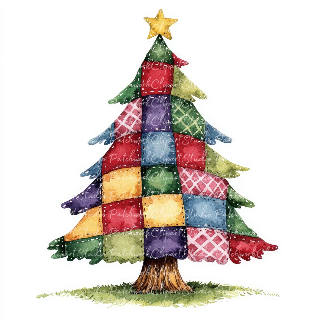 10 Patchwork Christmas Tree Clipart Bundle, PNG & JPG, Printable ...