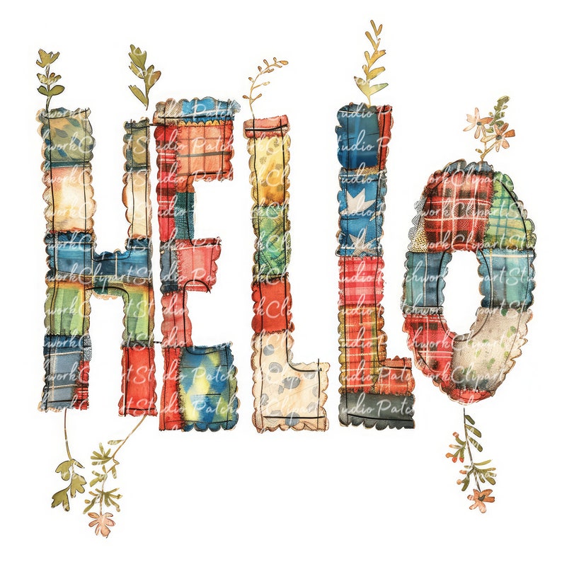 10 Hello Clipart Bundle, PNG & JPG, Printable Patchwork Word Hello ...