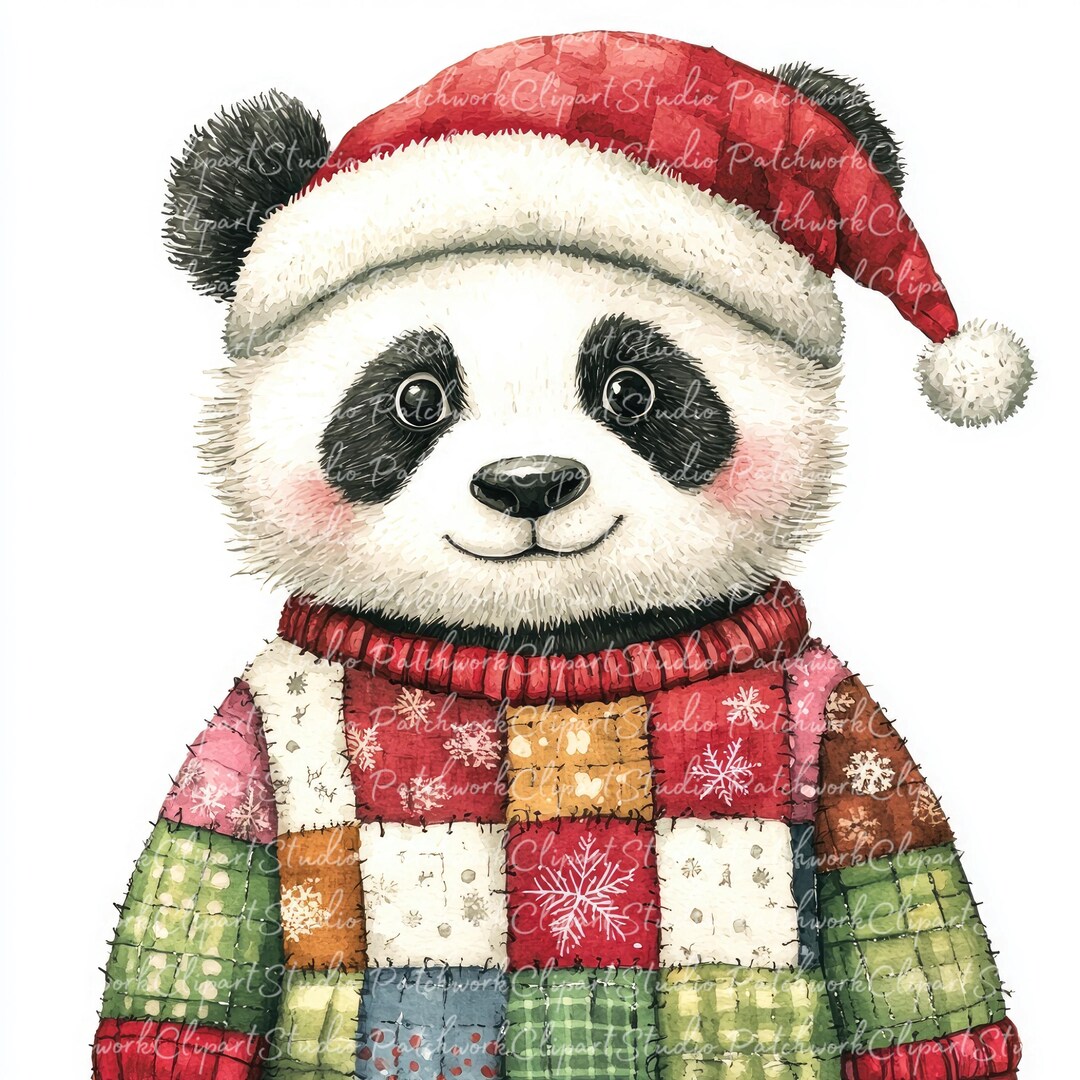 10 Christmas Panda Clipart Bundle, PNG & JPG, Printable Patchwork, XMAS ...