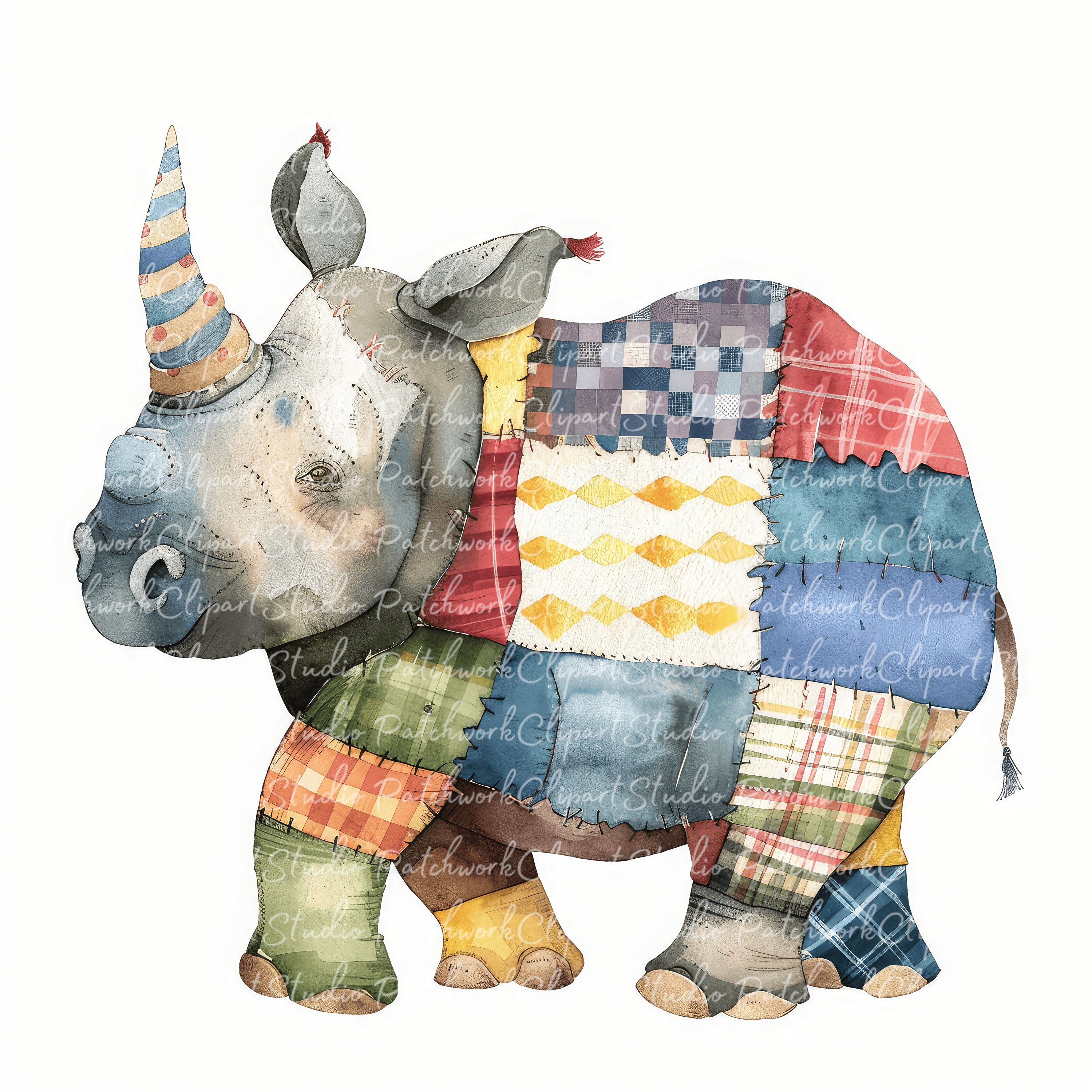 10 Rhinos Clipart Bundle, Printable Patchwork Rhinoceros, Quilted ...