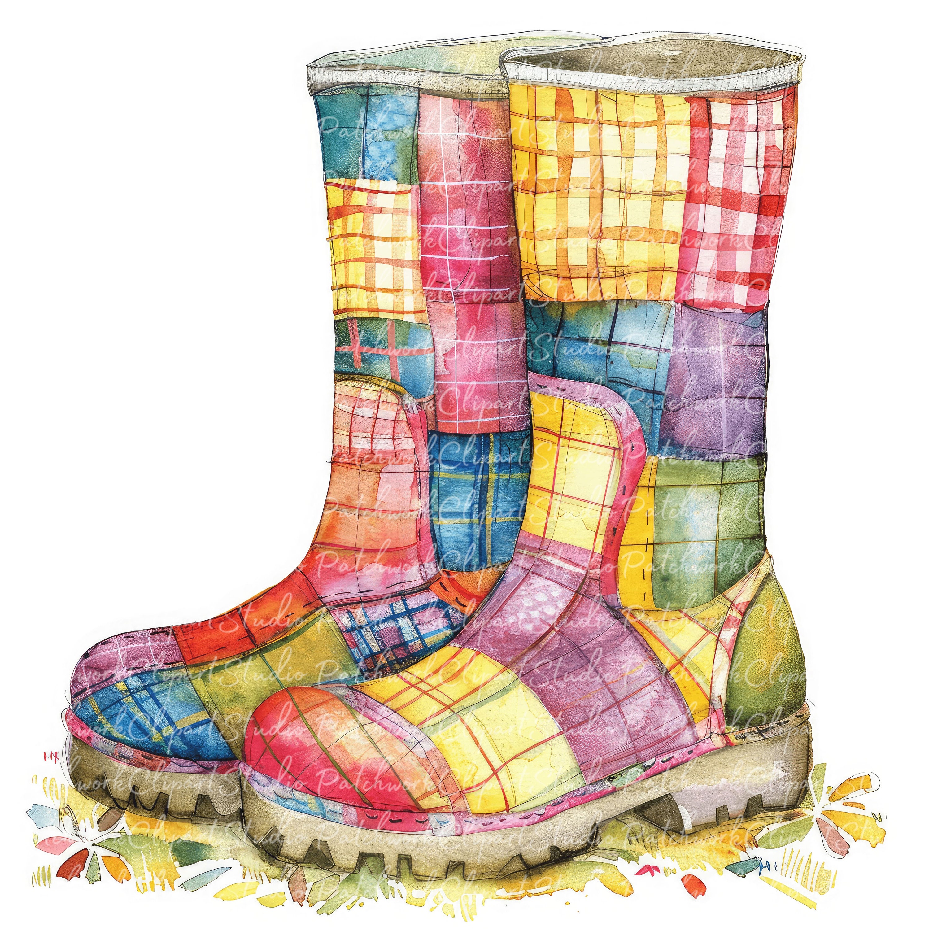 10 Rainboots Clipart Bundle, PNG & JPG, Printable Patchwork Rain Boots ...