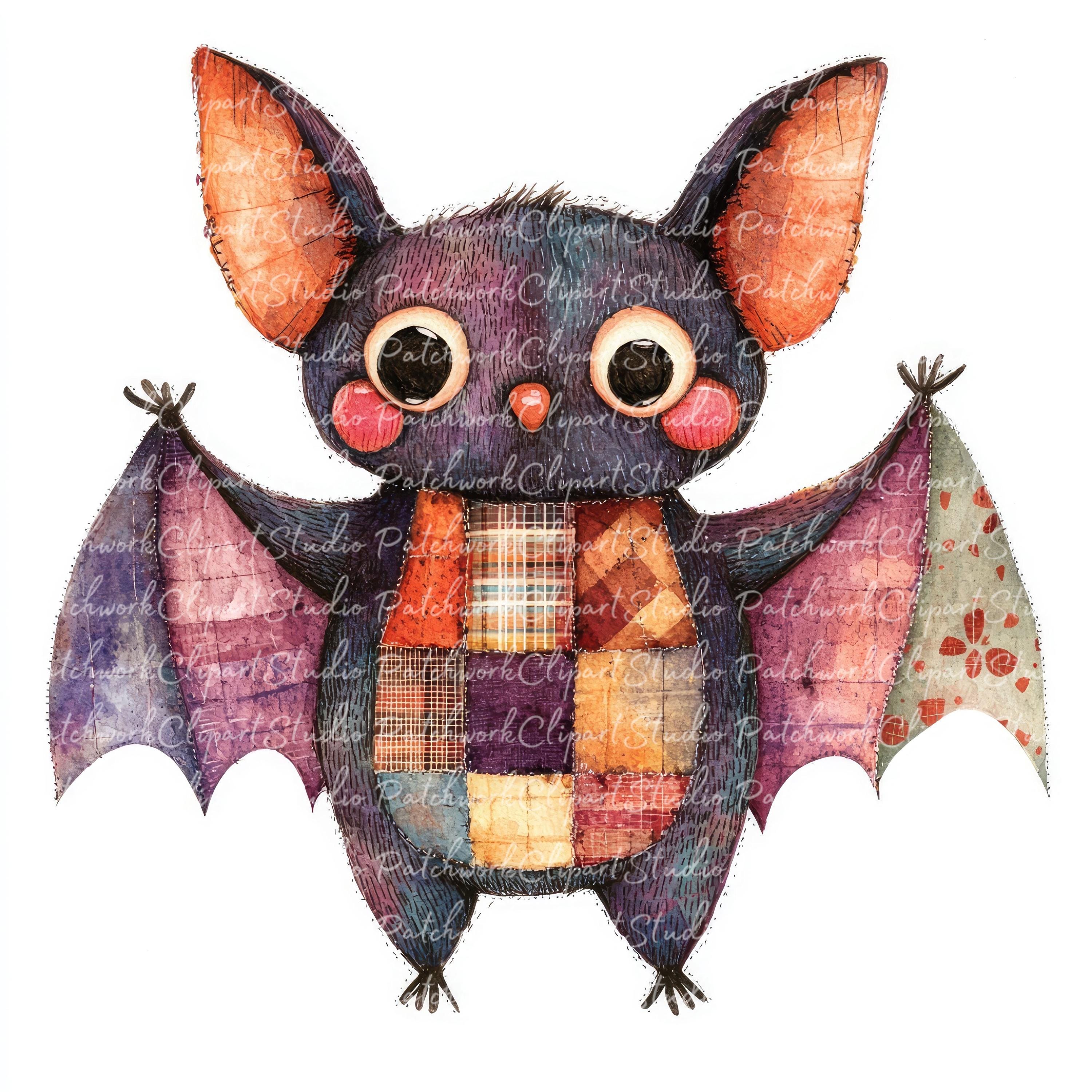 10 Bat Clipart Bundle, PNG & JPG, Printable Patchwork, Spooky Halloween ...