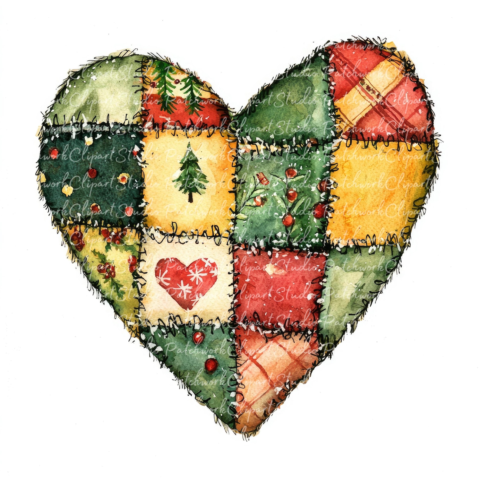10 Christmas Heart Clipart Bundle, PNG & JPG, Printable Patchwork, XMAS ...