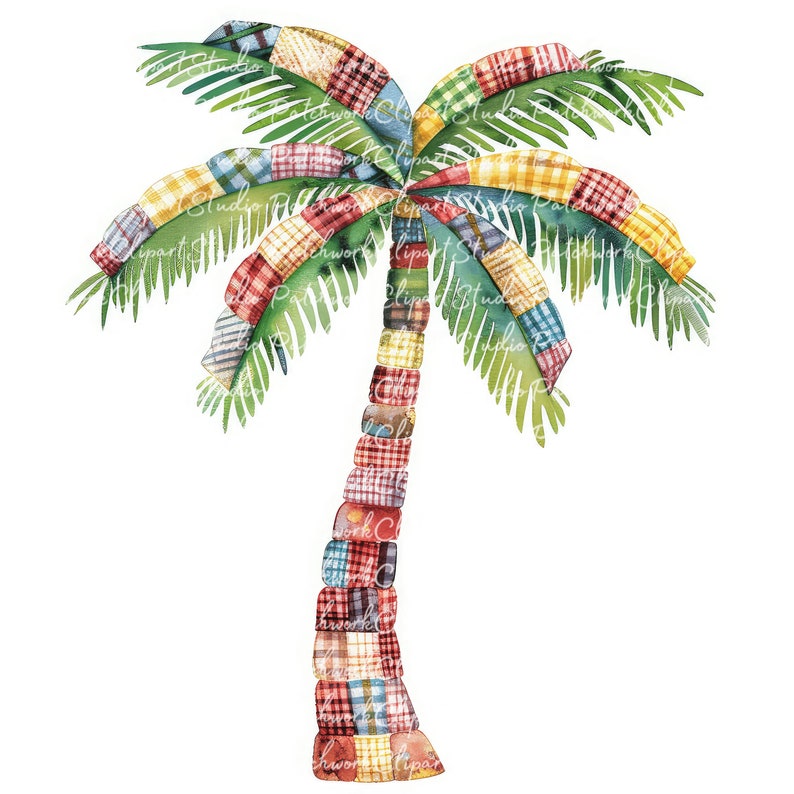 10 Palm Trees Clipart Bundle, PNG & JPG, Printable Patchwork Palm Tree ...