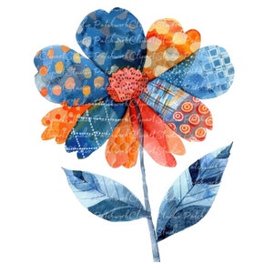 10 Blue Orange Flower Clipart Bundle, PNG & JPG, Printable Patchwork ...