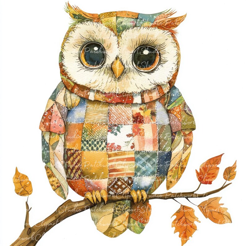10 Autumn Owl Clipart Bundle, PNG & JPG, Printable Patchwork, Owl in ...
