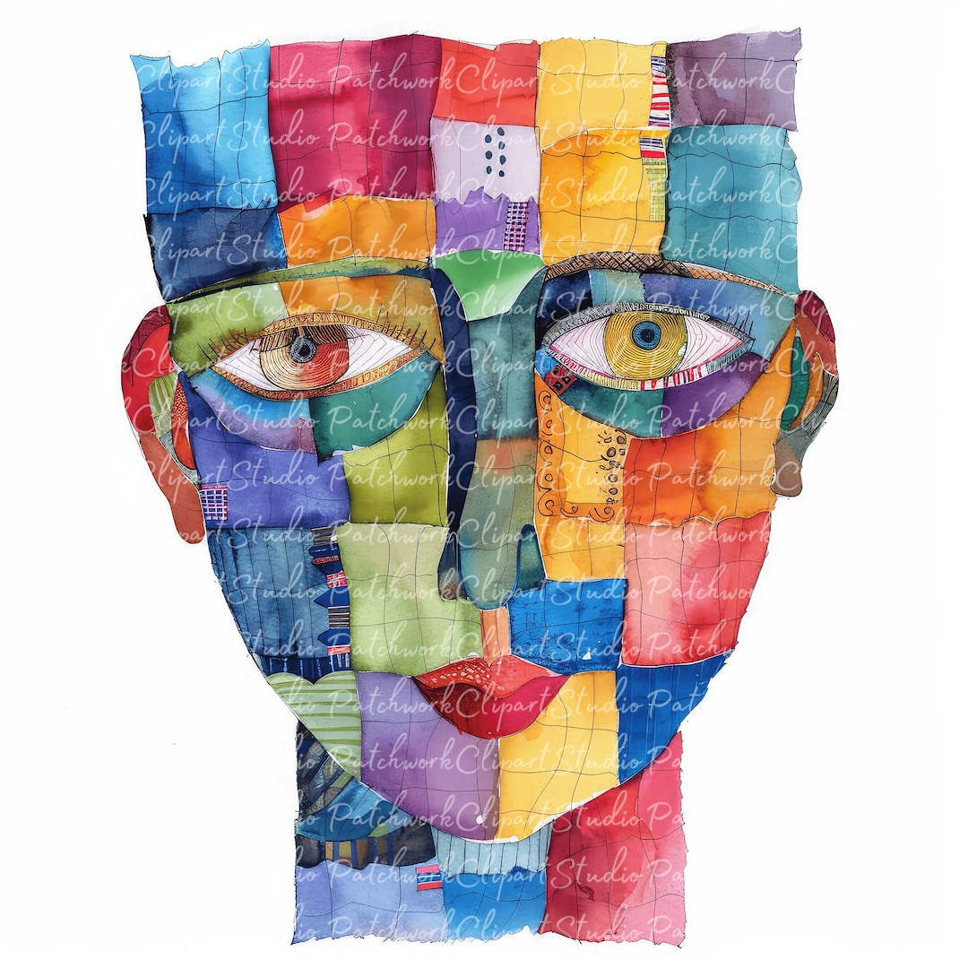 10 Faces Clipart Bundle, Printable Patchwork Face, Quilted Fabric ...