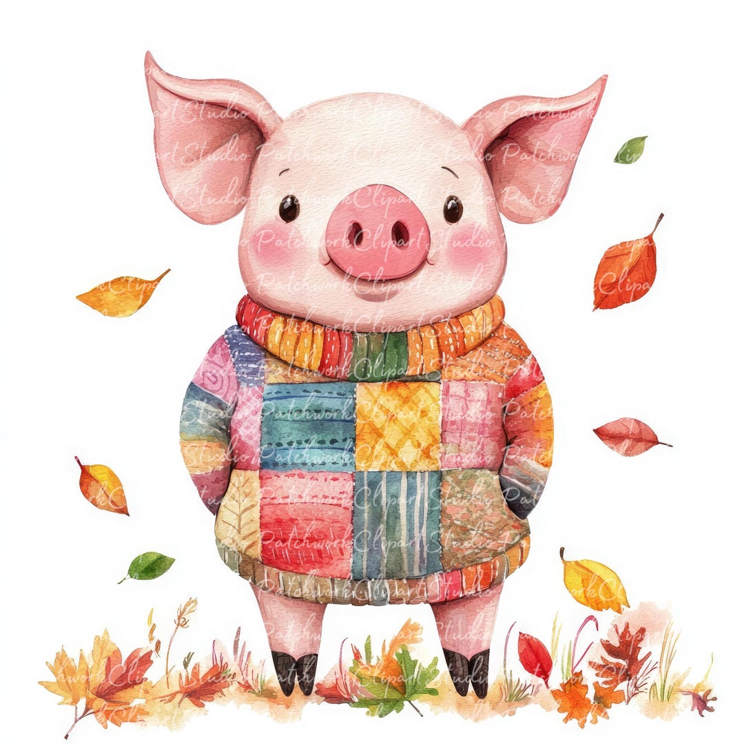 10 Autumn Pig Clipart Bundle, PNG & JPG, Printable Patchwork, Pig in ...