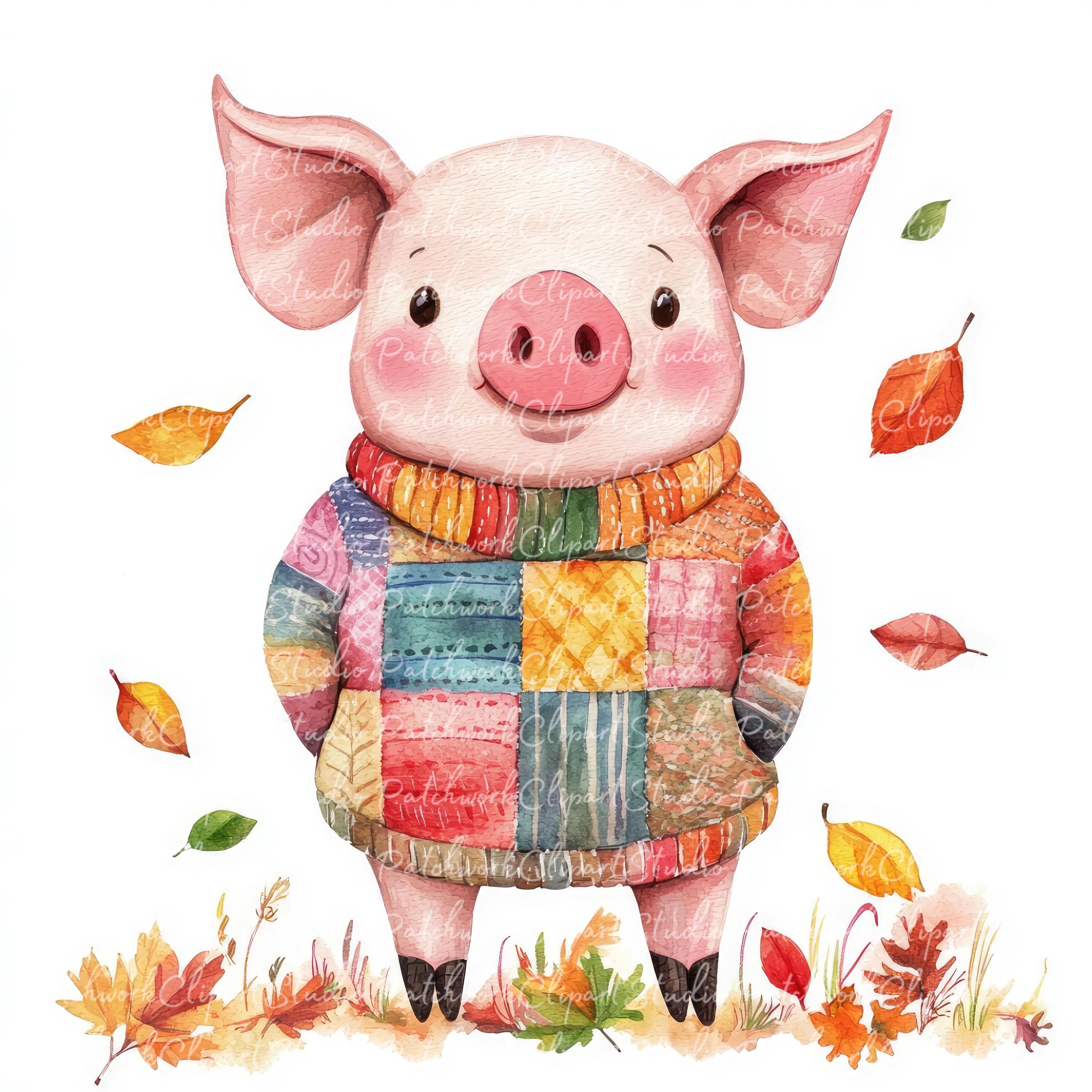 10 Autumn Pig Clipart Bundle, PNG & JPG, Printable Patchwork, Pig in ...