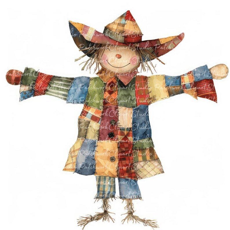 10 Scarecrows Clipart Bundle, PNG & JPG, Printable Patchwork Scarecrow ...