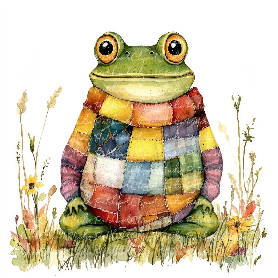 10 Autumn Frog Clipart Bundle, PNG & JPG, Printable Patchwork, Frog in ...