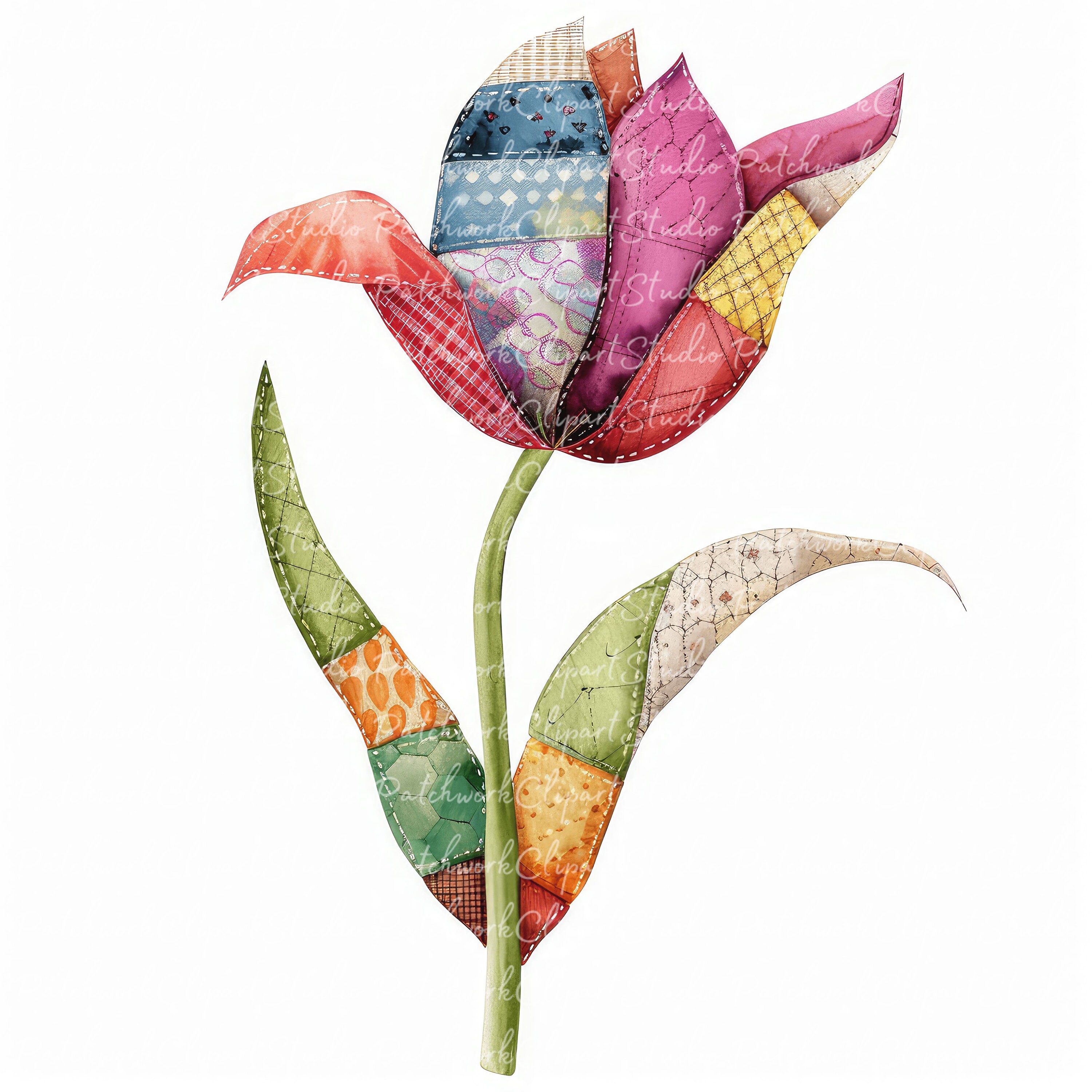 10 Tulips Clipart Bundle, PNG & JPG, Printable Patchwork Tulip, Illustrations, Digital Download ...