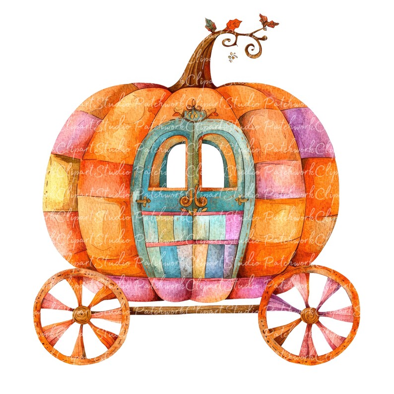 10 Pumpkin Carriage Clipart Bundle, PNG & JPG, Printable Patchwork ...
