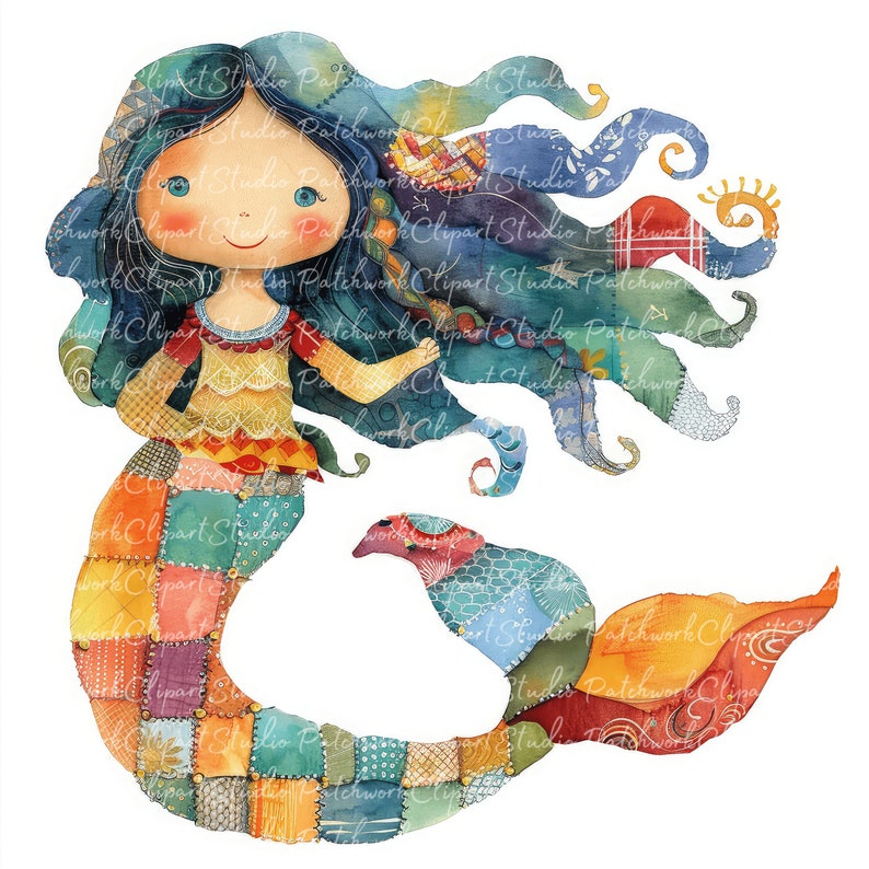 10 Mermaids Clipart Bundle, PNG & JPG, Printable Patchwork Mermaid ...