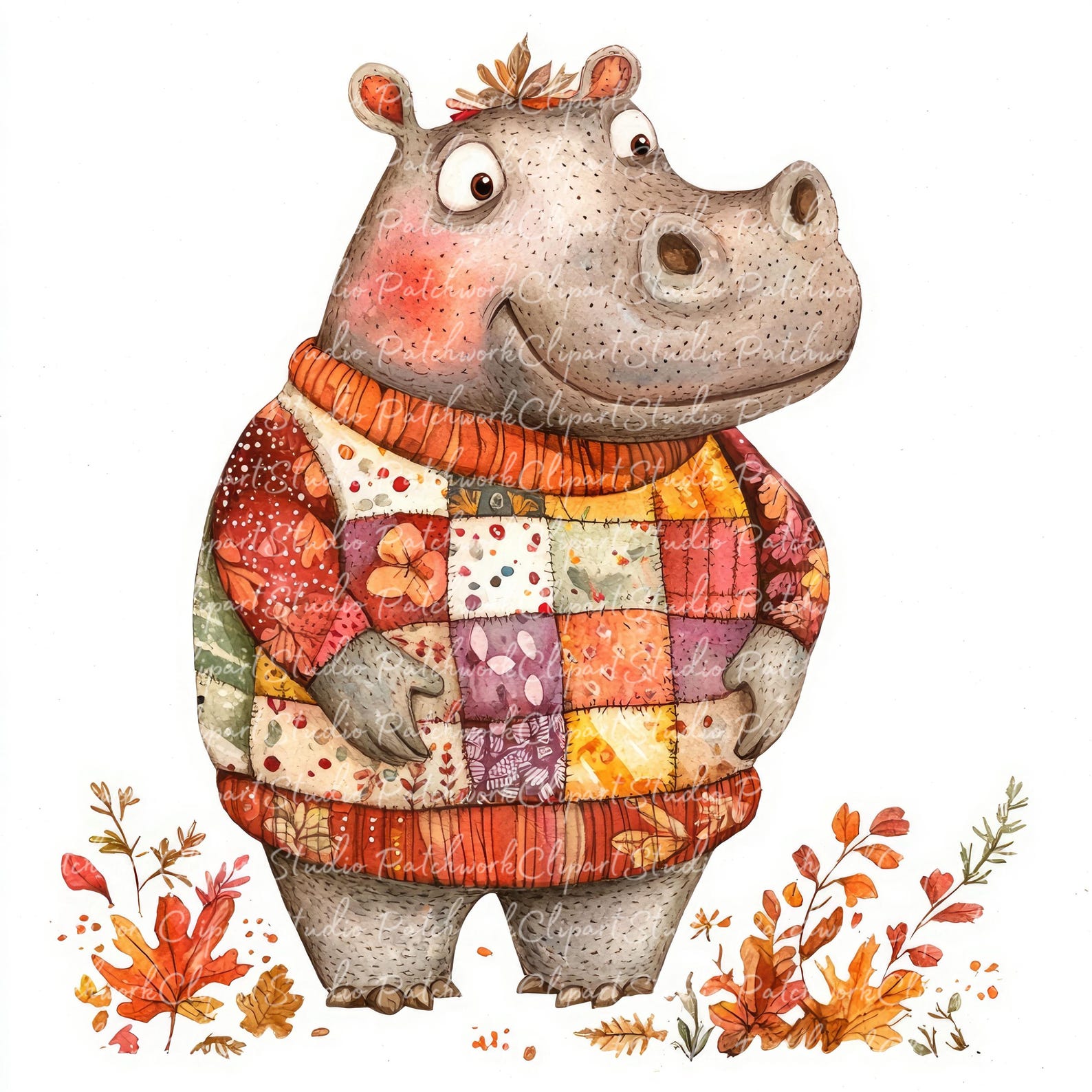 10 Autumn Hippo Clipart Bundle, PNG & JPG, Printable Patchwork, Hippo ...