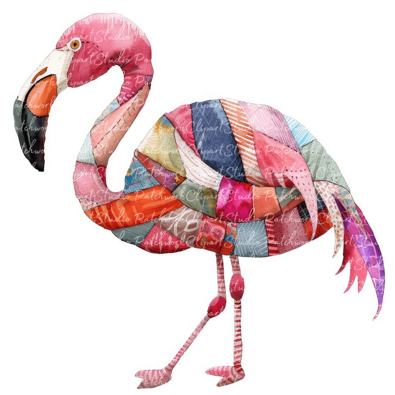 10 Flamingos Clipart Bundle, Printable Patchwork Flamingo, Quilted ...