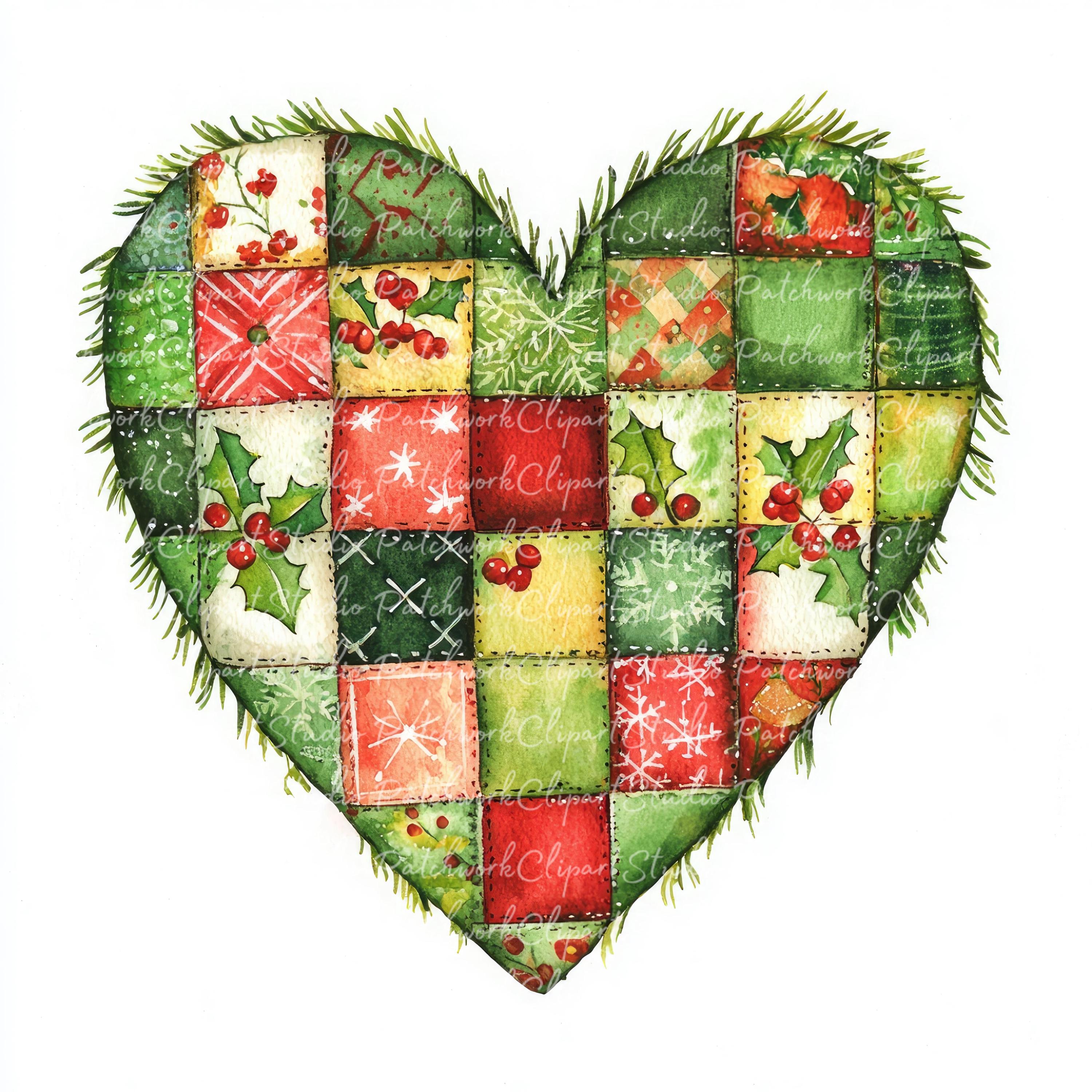 10 Christmas Heart Clipart Bundle, PNG & JPG, Printable Patchwork, XMAS ...