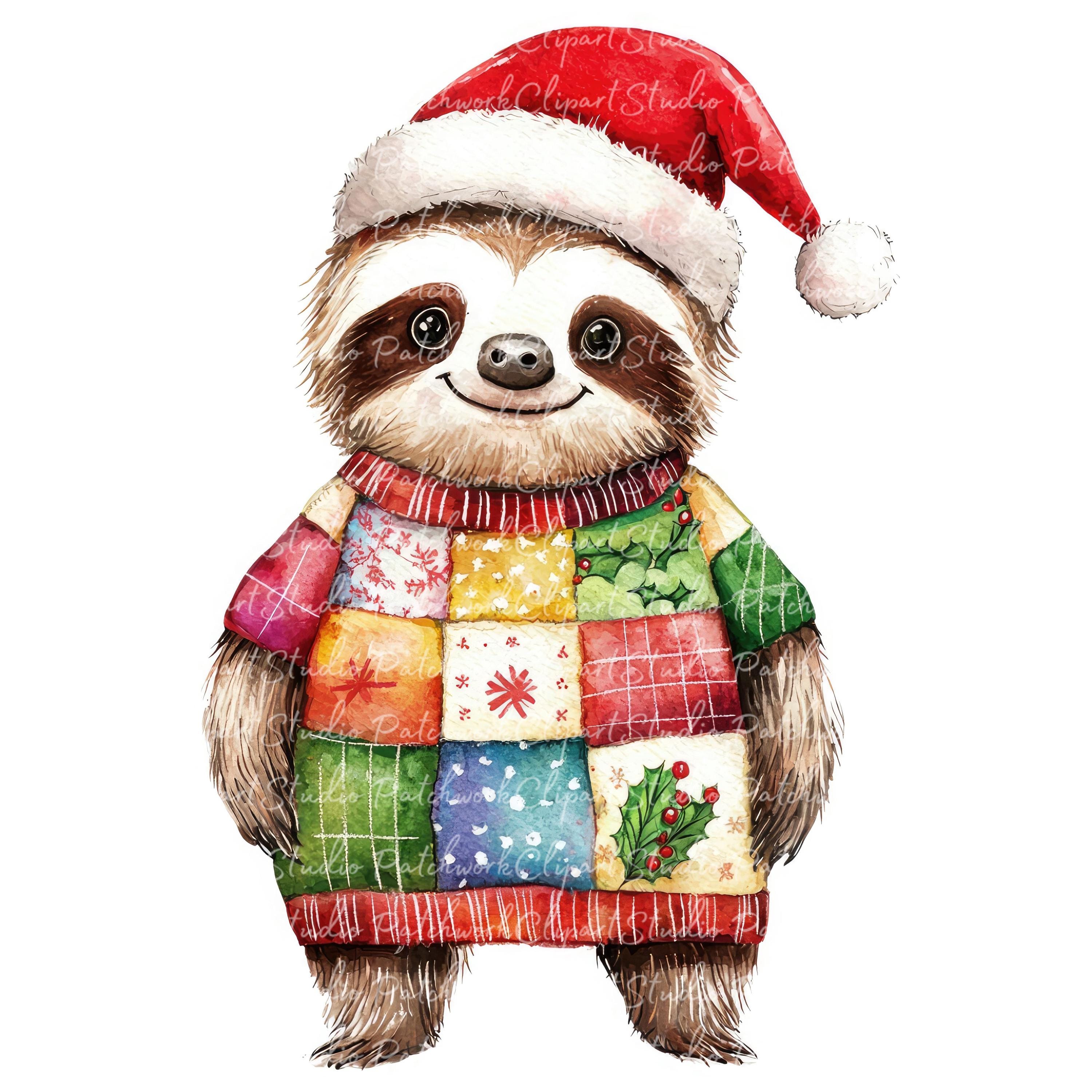 10 Christmas Sloth Clipart Bundle, PNG & JPG, Printable Patchwork, XMAS ...