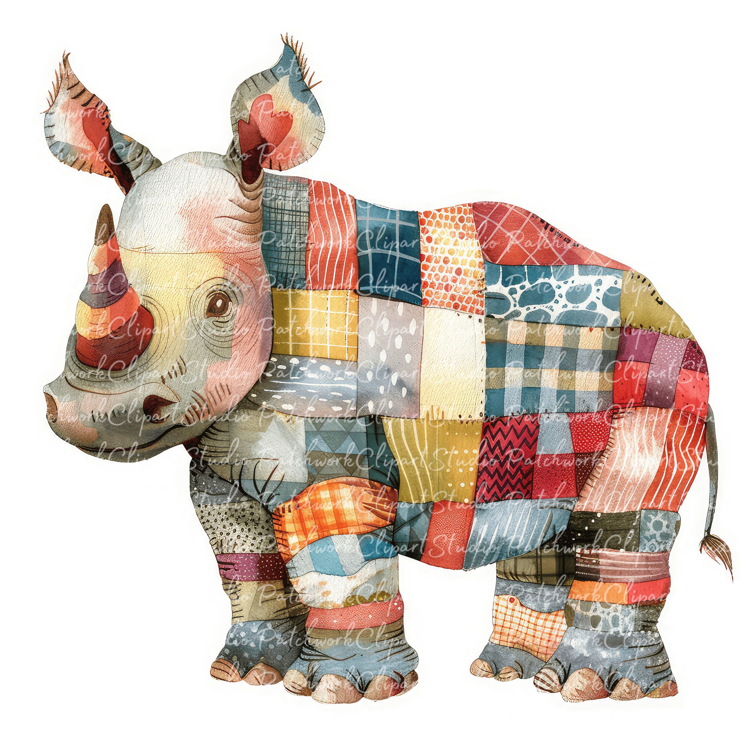 10 Rhinos Clipart Bundle, Printable Patchwork Rhinoceros, Quilted ...