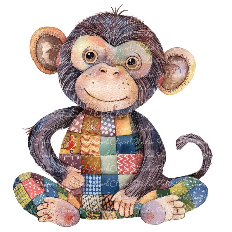 10 Monkeys Clipart Bundle, PNG & JPG, Printable Patchwork Monkey ...