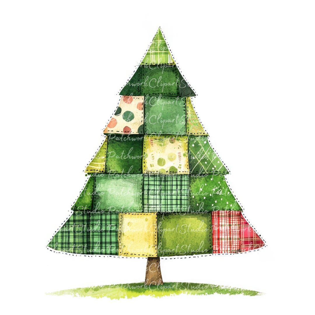10 Cute Christmas Tree Clipart Bundle, PNG & JPG, Printable Patchwork ...