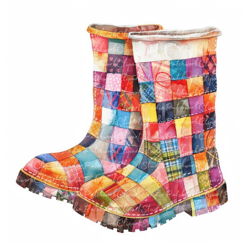 10 Rainboots Clipart Bundle, PNG & JPG, Printable Patchwork Rain Boots ...