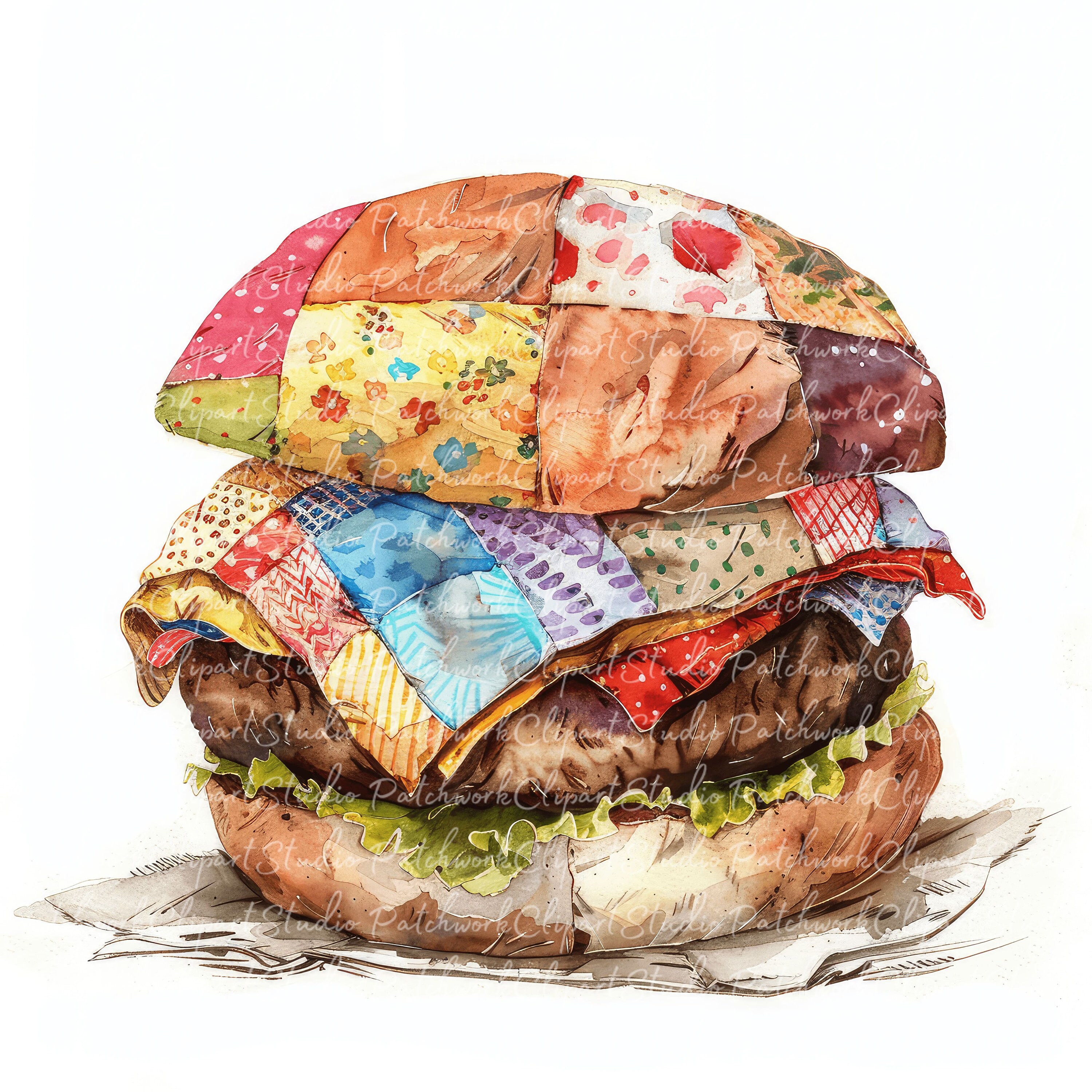 10 Hamburgers Clipart Bundle, PNG & JPG, Printable Patchwork Burger ...
