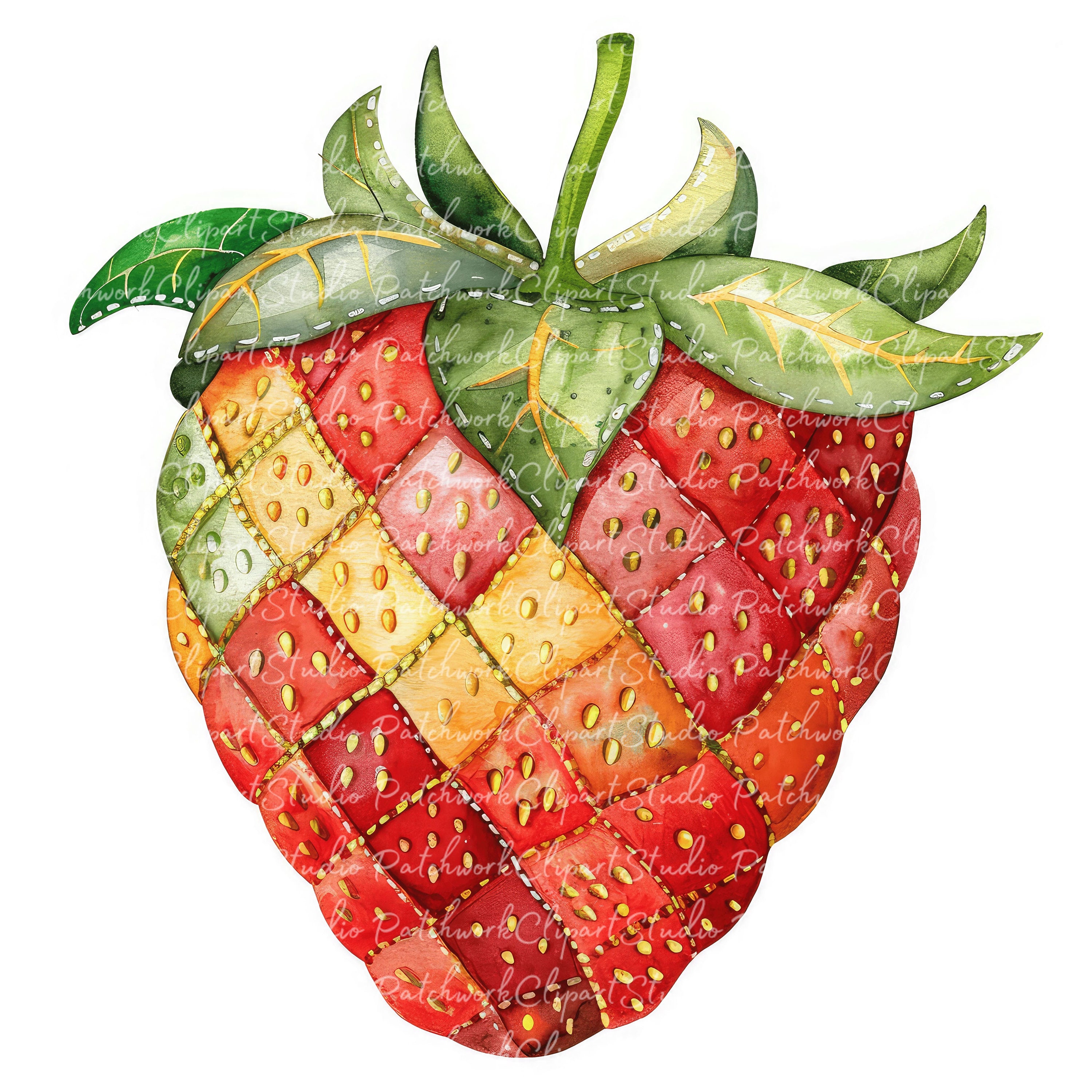 10 Strawberries Clipart Bundle, PNG & JPG, Printable Patchwork Strawberry, Illustrations ...