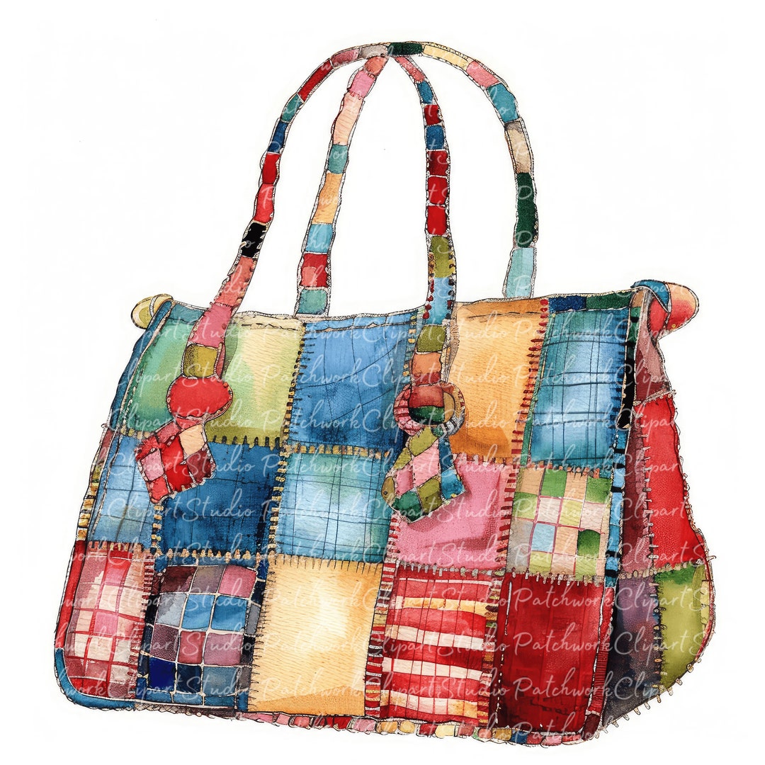 10 Handbags Clipart Bundle, PNG & JPG, Printable Patchwork Handbag ...