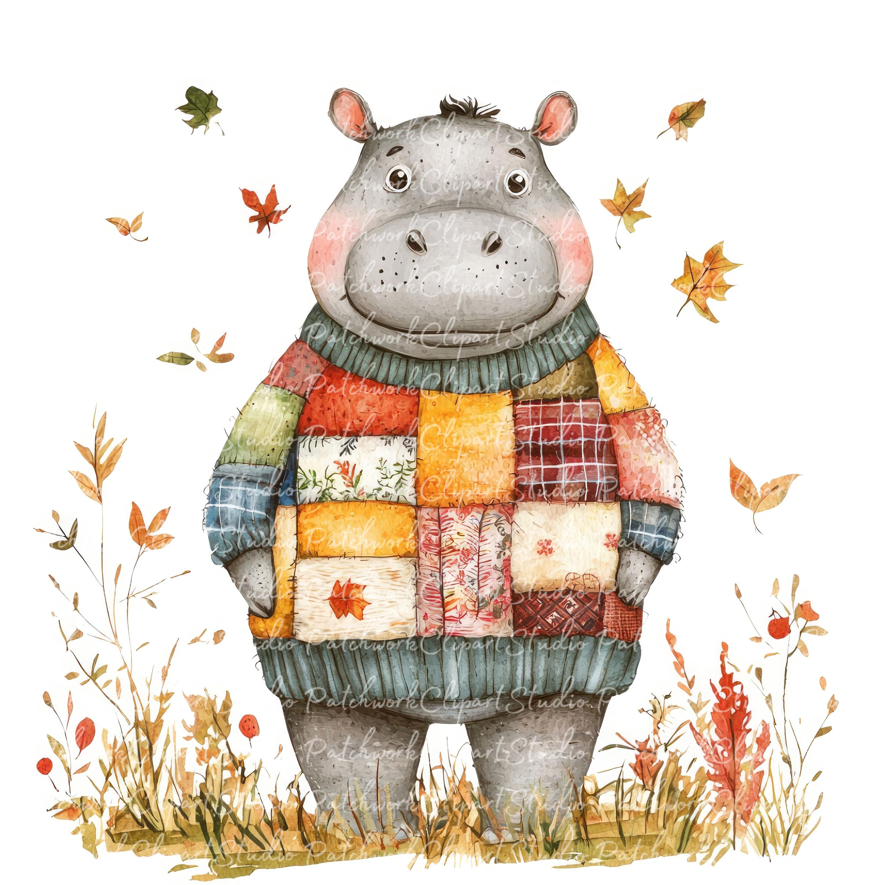 10 Autumn Hippo Clipart Bundle, PNG & JPG, Printable Patchwork, Hippo ...
