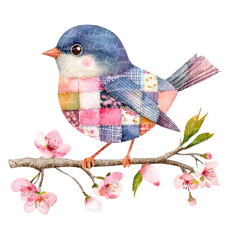 10 Spring Bird Clipart Bundle, PNG & JPG, Printable Patchwork Bird ...