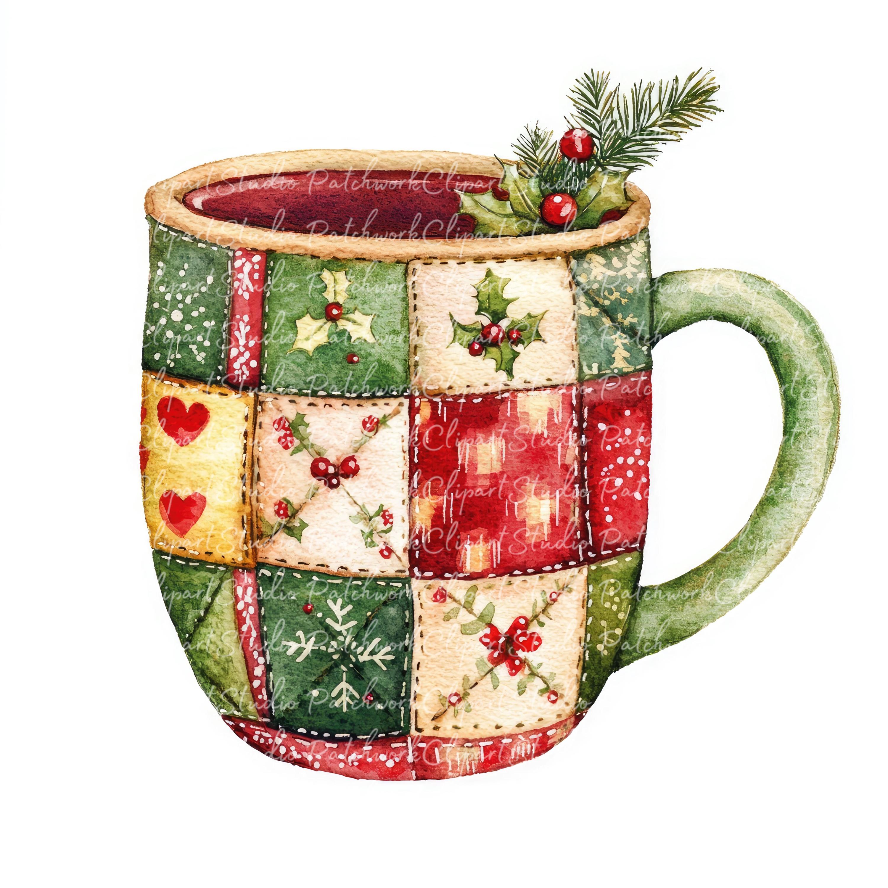 10 Christmas Mug Clipart Bundle, PNG & JPG, Printable Patchwork, Winter ...