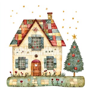 10 Christmas House Clipart Bundle, PNG & JPG, Printable Patchwork, Xmas ...