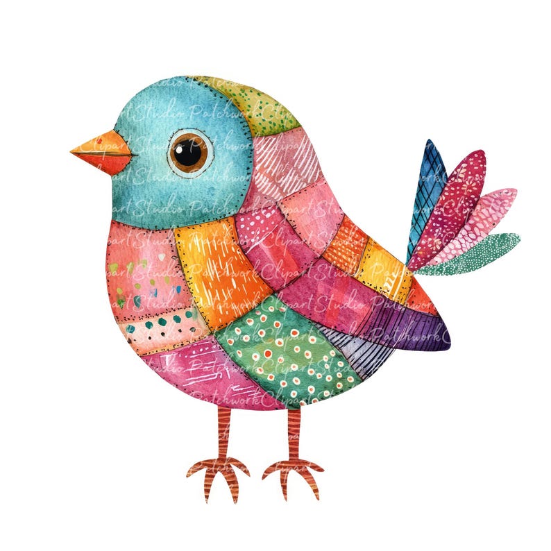 10 Colorful Bird Clipart Bundle, PNG & JPG, Printable Patchwork Funny ...