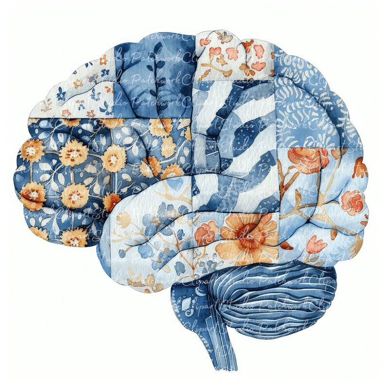 10 Brains Clipart Bundle, PNG & JPG, Printable Patchwork Brain ...
