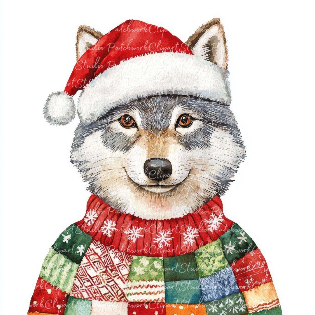 10 Christmas Wolf Clipart Bundle, PNG & JPG, Printable Patchwork, XMAS ...