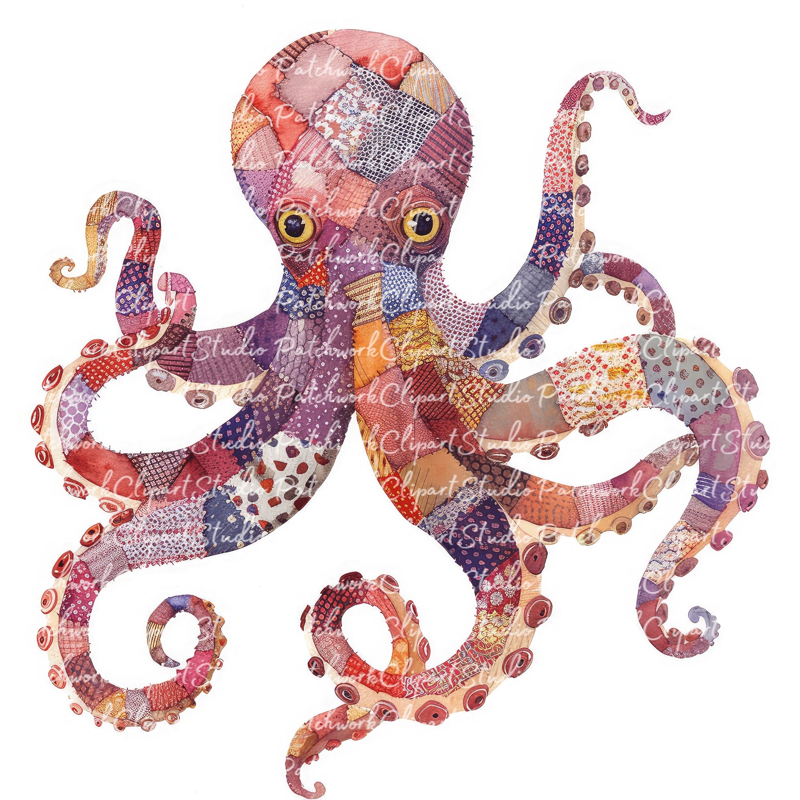 10 Octopus Clipart Bundle, Printable Patchwork Octopus, Quilted Fabric ...
