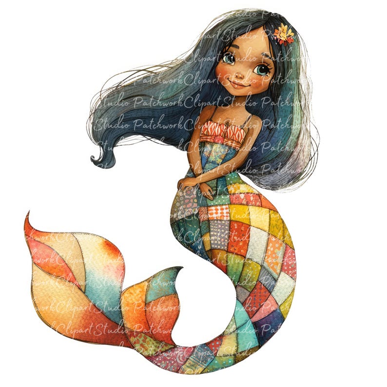 10 Mermaids Clipart Bundle, PNG & JPG, Printable Patchwork Mermaid ...