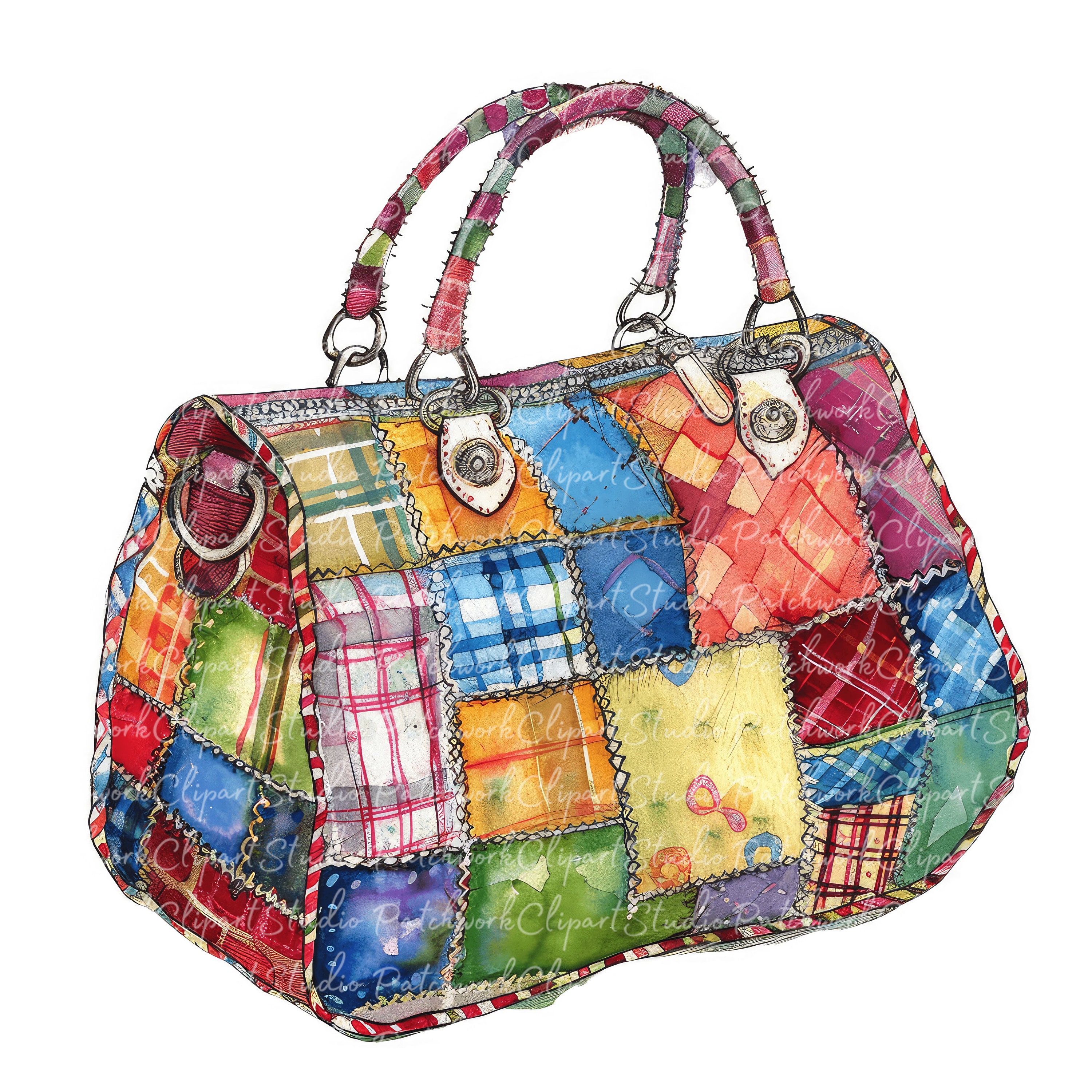10 Handbags Clipart Bundle, PNG & JPG, Printable Patchwork Handbag ...