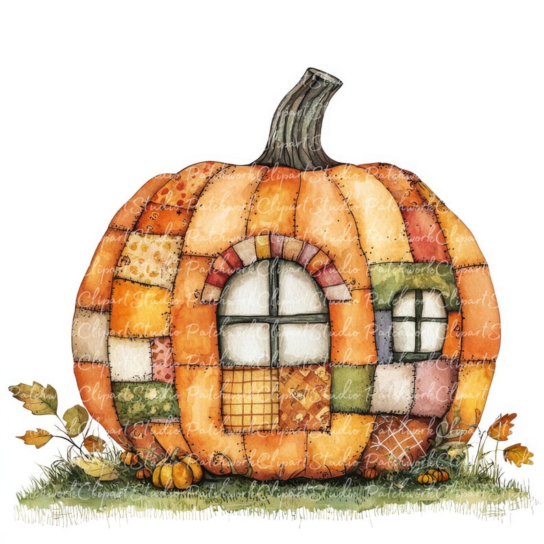 10 Pumpkin House Clipart Bundle, PNG & JPG, Printable Patchwork, Cute ...