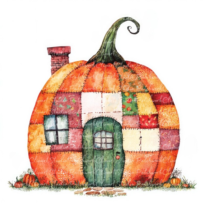 10 Pumpkin House Clipart Bundle, PNG & JPG, Printable Patchwork, Cute ...